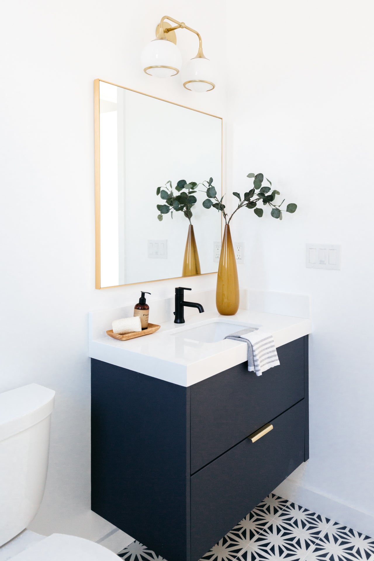 Clean and Crisp Bathroom with Night Sky Slab Fronts – Semihandmade